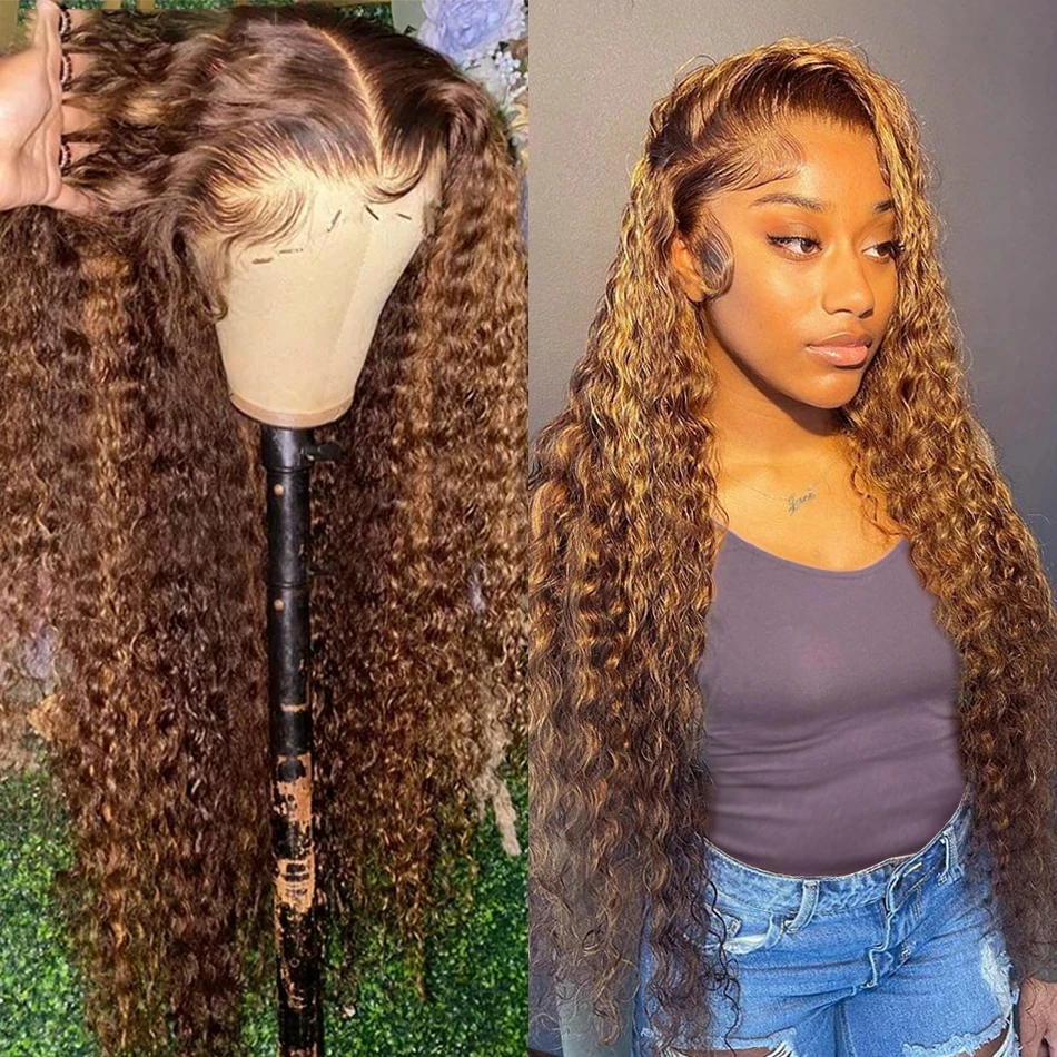 30 Inch Highlight Ombre Brown Wig Curly 4/27 Colored Human Hair 13x6 ...