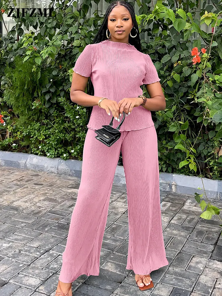 Vintage Women Pleated Two Piece Pant Suits Simple Short Sleeve Basic T-shirt And High Waist Wide ...