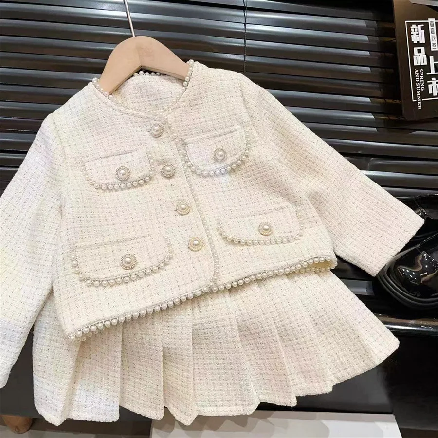 2pcs Girls Classic Tweed Pearl Clothing Sets New Kids Princess Top and ...