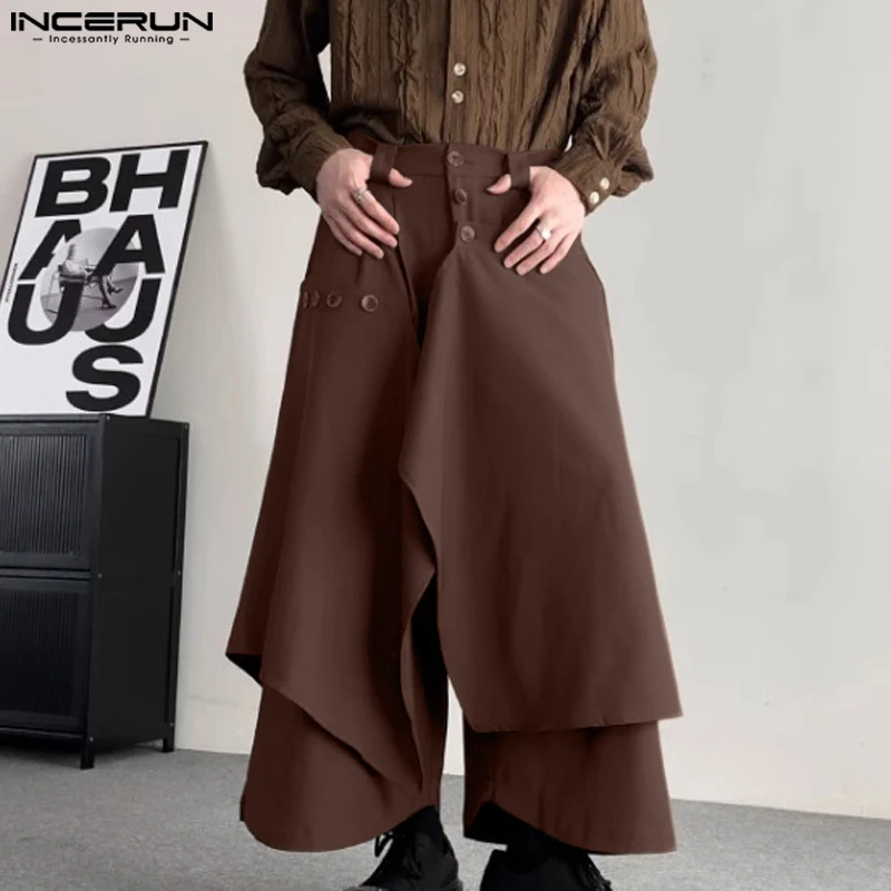 INCERUN-2024-Men-Irregular-Pants-Solid-Color-Joggers-Button-Wide-Leg ...