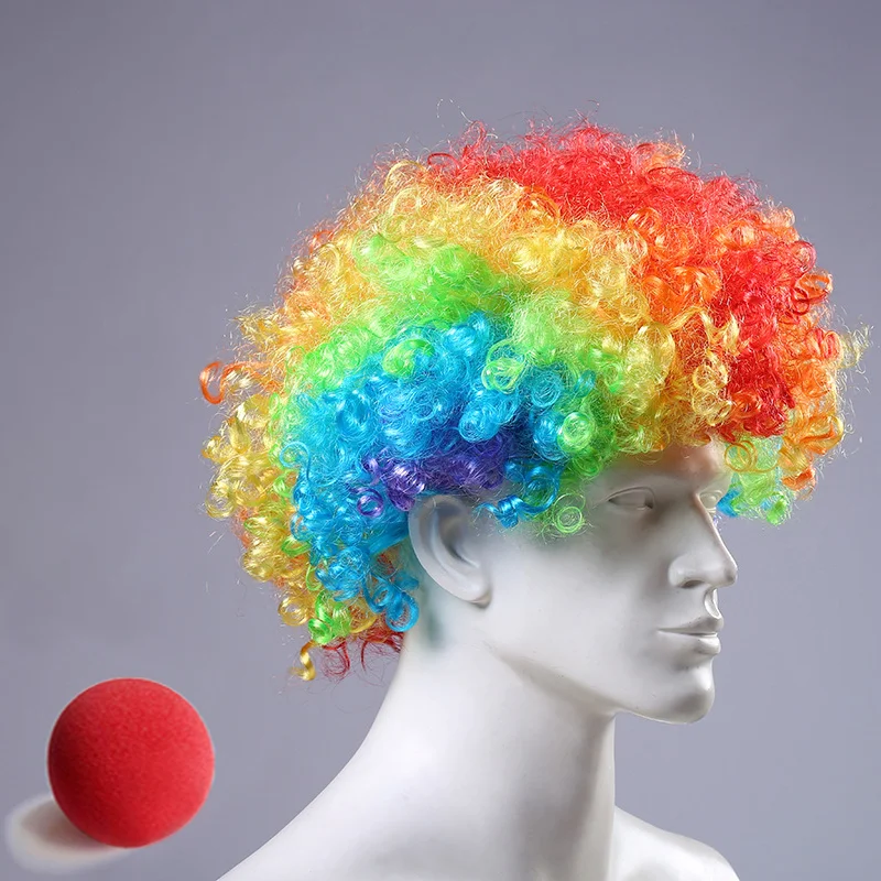 Clown Bouffant Synthetic Wig Colorful Curly Wig Nose Cosplay Hair For ...