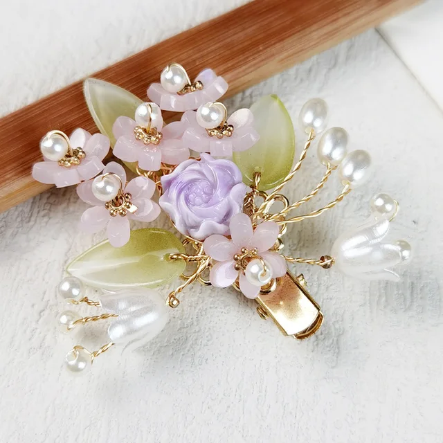 Glass Flowers Hairpin Antique Chinese Hair Clips Girls Fairy Pearl ...