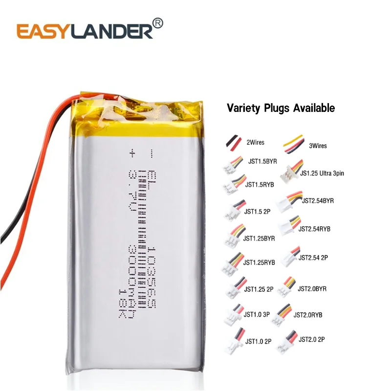 103565 103665 JST2.0 3P 3.7V 3000mAh Rechargeable Li-Polymer Battery ...