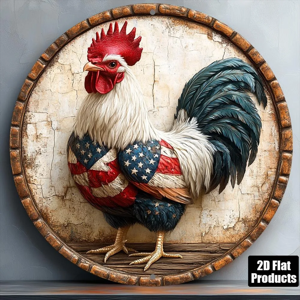 US Rooster Metal Decor Sign 8x8 Inch, 2D Flat Aluminum Wall Art for Bar ...