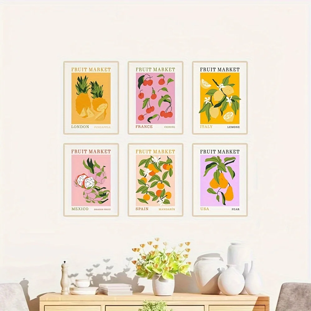 6-Pack Frameless Fruit Market Canvas Prints, Nordic Style, Lemon, Pear ...