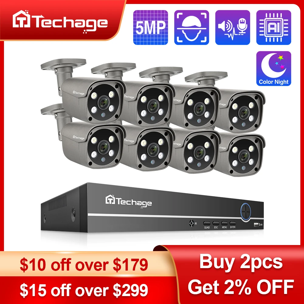Techage Security Camera System 8ch 5mp Hd Poe Nvr Kit Cctv Two Way ...