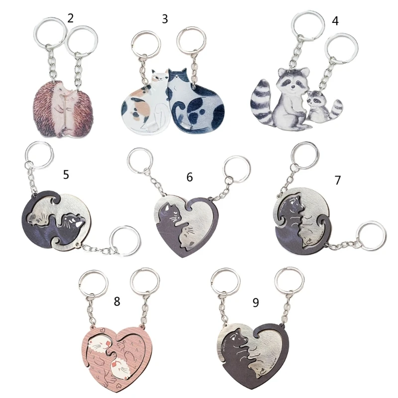 2-PCs-Cute-Hedgehog-cat-dog-otter-raccoon-Couple-Wooden-Key-Ring-Animal ...