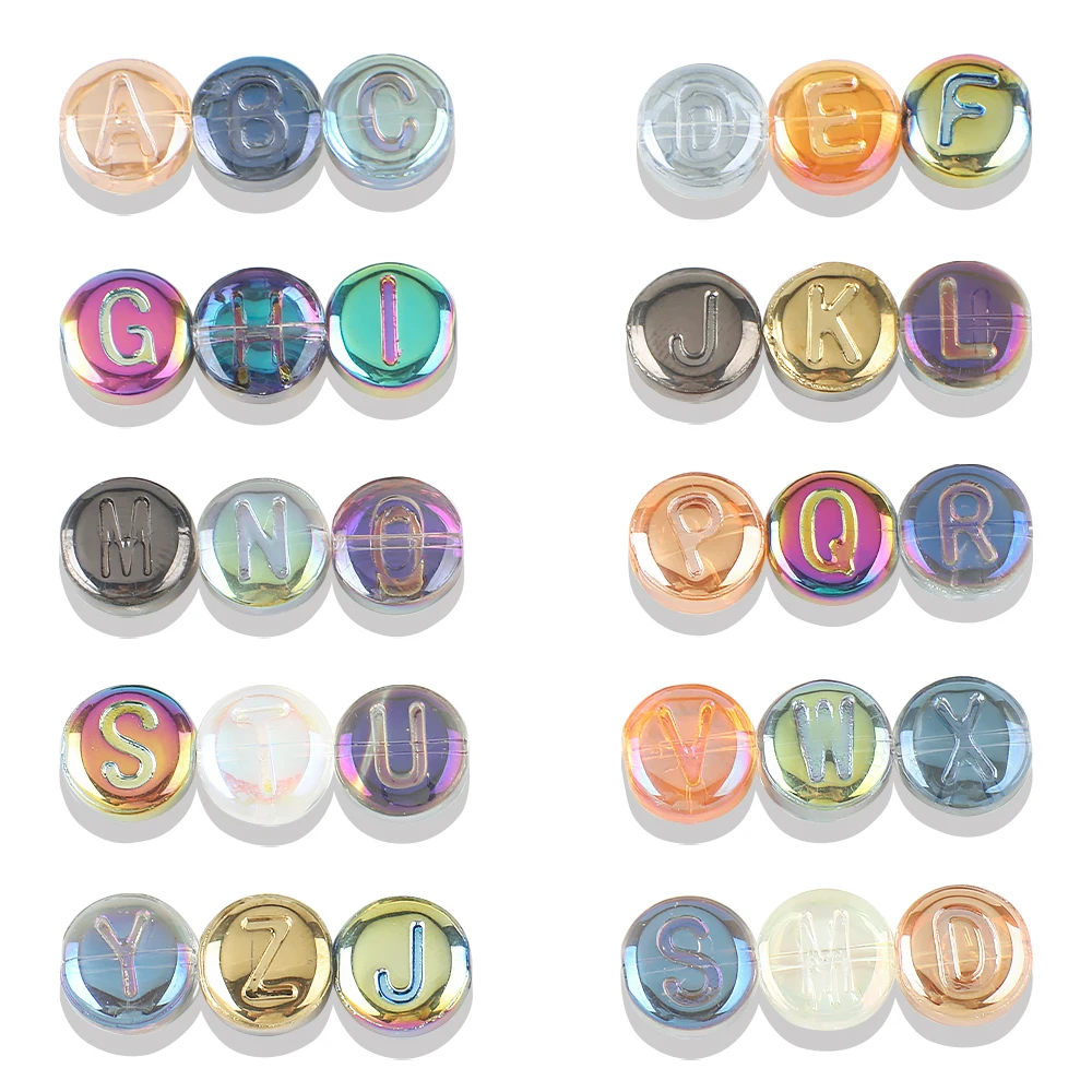 100Pcs 10mm Crystal Glass Letter Beads Flat Round Initial Letter Spacer ...