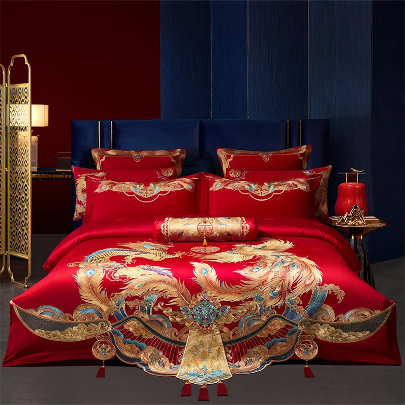 Gold Dragon Phoenix Embroidery 100S Egyptian Cotton Chinese Style ...