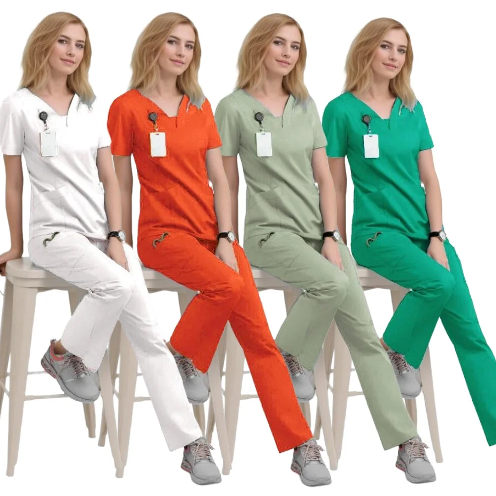 Short-Sleeves-Comfortable-V-Neck-Hospital-Nurse-Medical-Scrubs-Uniform ...