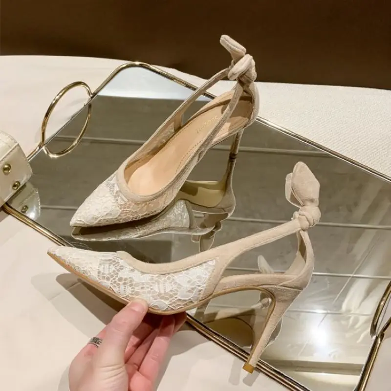 Lace Mesh Pumps High Heels Bridal Wedding Shoes Back Bow Stilettos ...