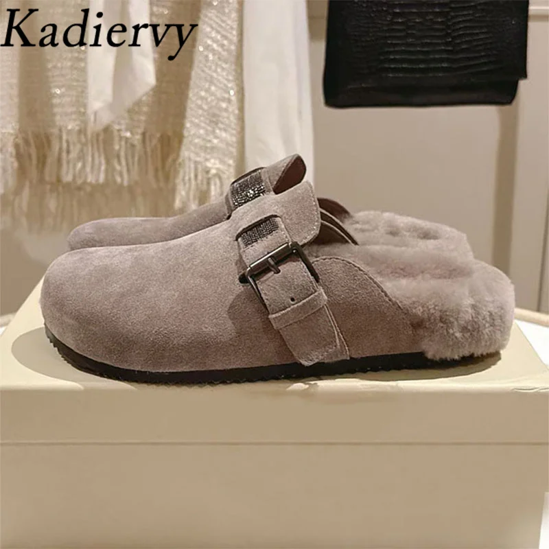 Winter Rabbit Hair Slippers Woman Chain String Bead Mules Shoes Women ...