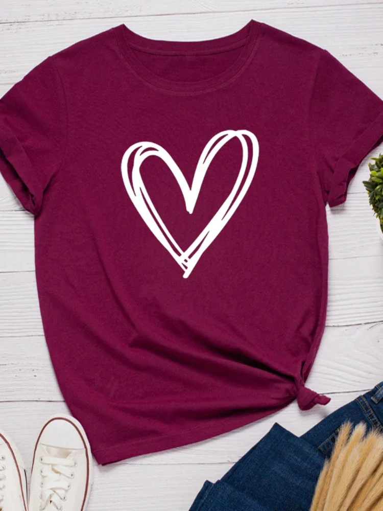 Line-Heart-Print-Women-T-Shirt-Short-Sleeve-O-Neck-Loose-Women-Tshirt ...