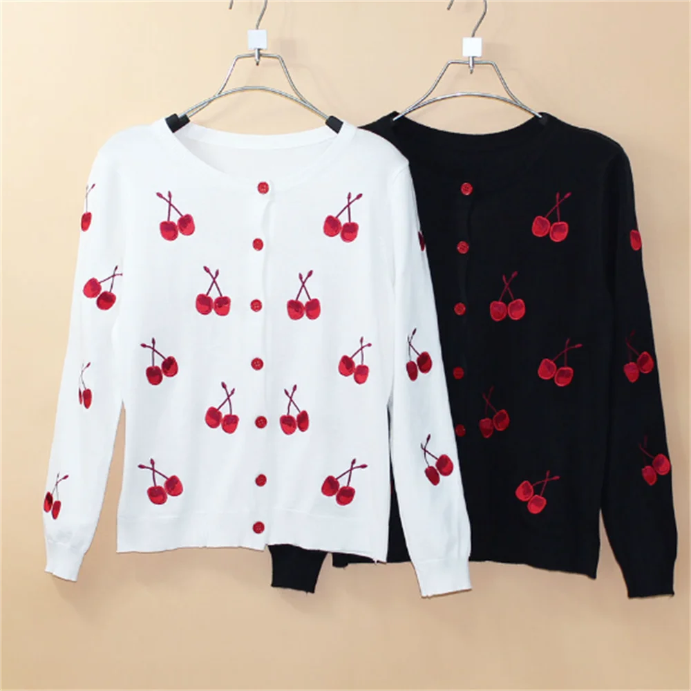 Cherry Embroidery Cardigan Women Autumn Knitted Sweater Cute Cardigan Female White Ladies ...