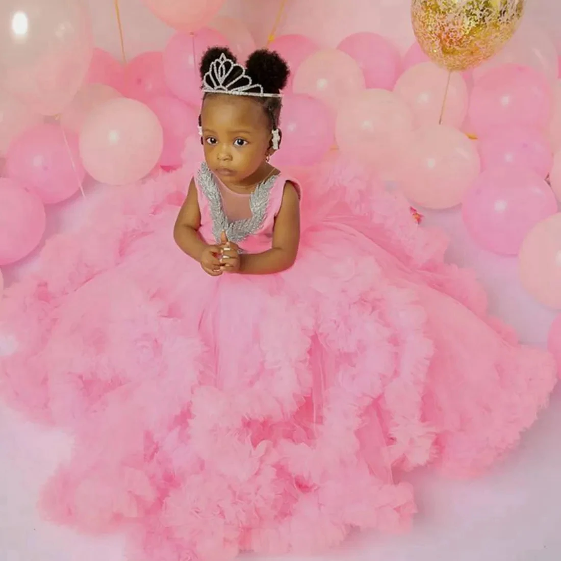 Luxury-Pink-Flower-Girl-Dresses-Tulle-Ruffles-Beading-Princess-Baby ...