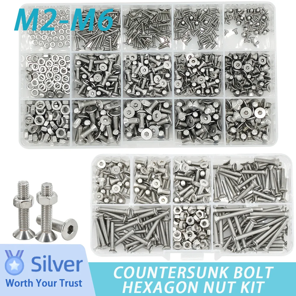 M2-M3-M4-M5-M6-304-Stainless-Steel-Countersunk-Nuts-Bolts-Set-Hex ...