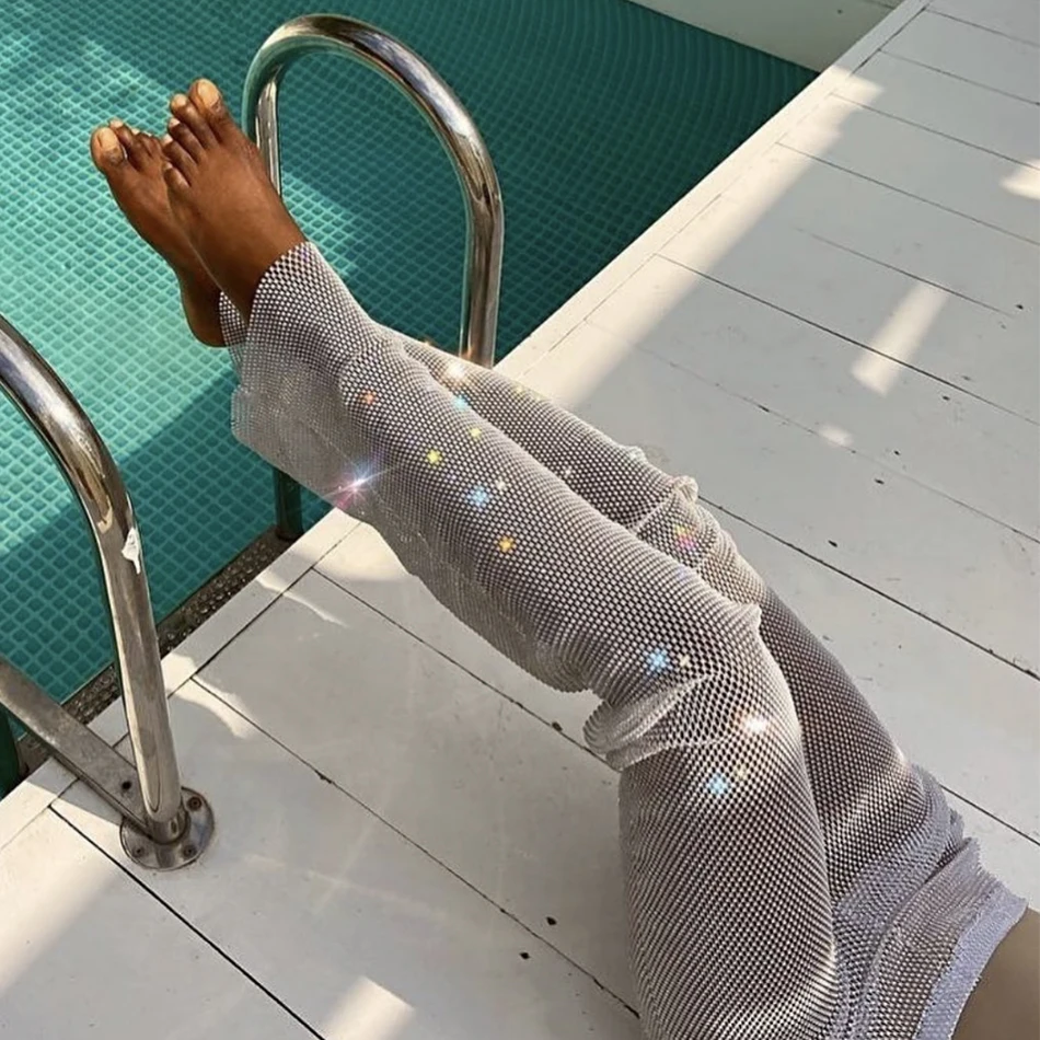 YOUR BUMP CURVE Shiny Crystal Mesh Hollow Out Elastic Waist Loose Pants ...