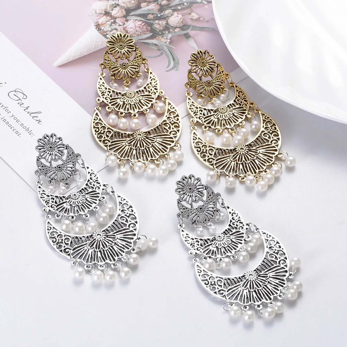 Long Dangle Earrings Women Indian Tribal Geometric Hollow Pearl Fringe ...
