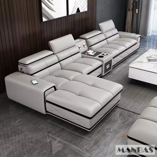 Modern Genuine Leather Sectional Sofa Sets Couch Sofas with USB ...