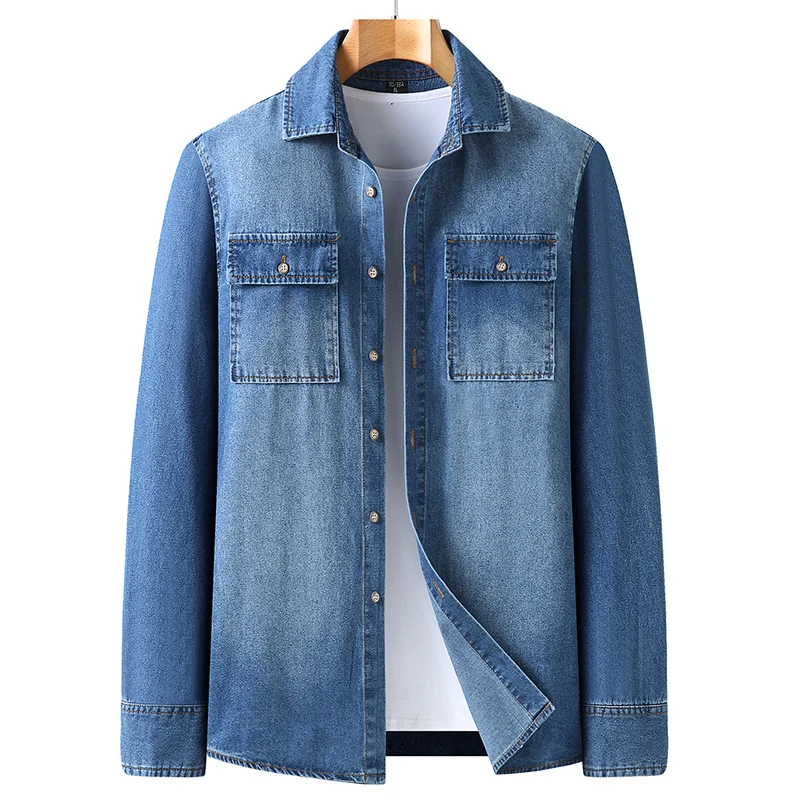 New-Autumn-Cotton-Denim-Shirts-Men-Slim-Fit-Smart-Casual-Solid-Color ...