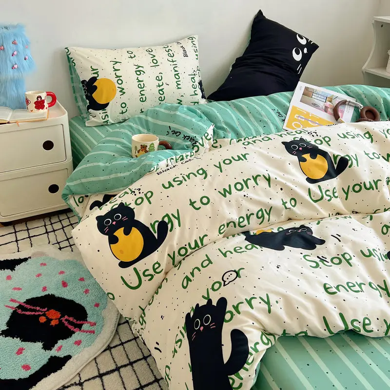 100-Cotton-Bedding-Set-Letter-Kitten-Cartoon-4pcs-black-cat-cute-Bed ...