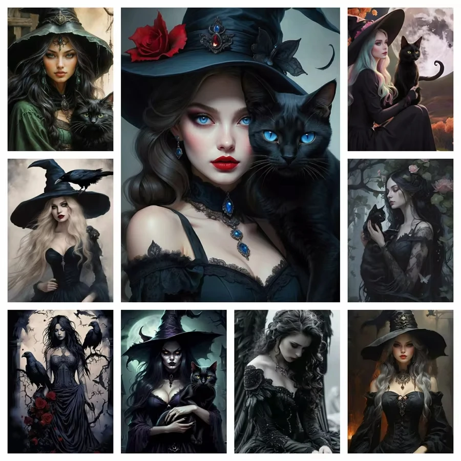 Oil Painting By Numbers Kits Magic Witch Black Cat Number Drawing ...
