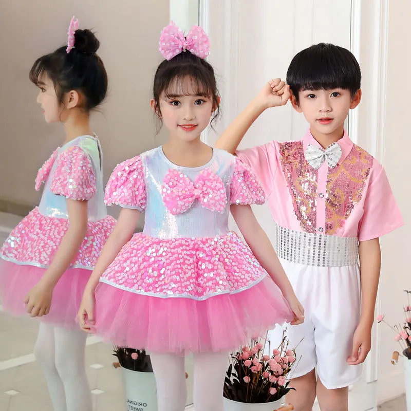 Pink Girl Stage Dance Dress For Girls Dance Clothes Kids Sequins Ballet ...