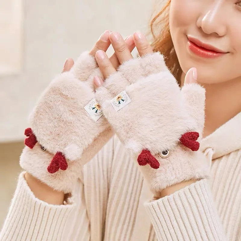 Half Finger Gloves For Women Thicken Flip-top Knitted Winter Glove Cute ...