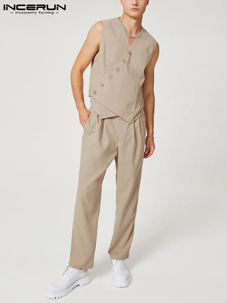 INCERUN-Men-Sets-Solid-Color-V-Neck-Sleeveless-Streetwear-Button ...