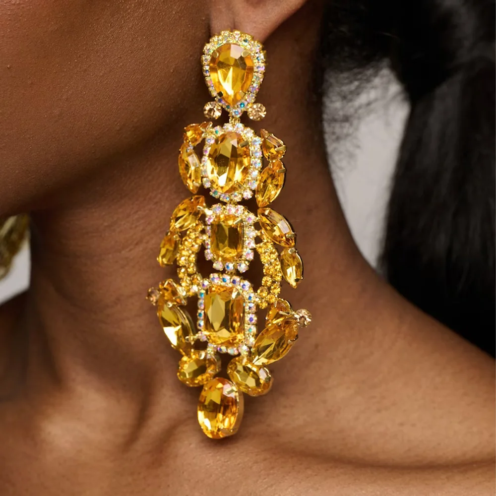 Long-Geometric-Gemstone-Statement-Dangle-Earrings-Bride-Jewelry-Women-Shiny-Hanging-Yellow ...