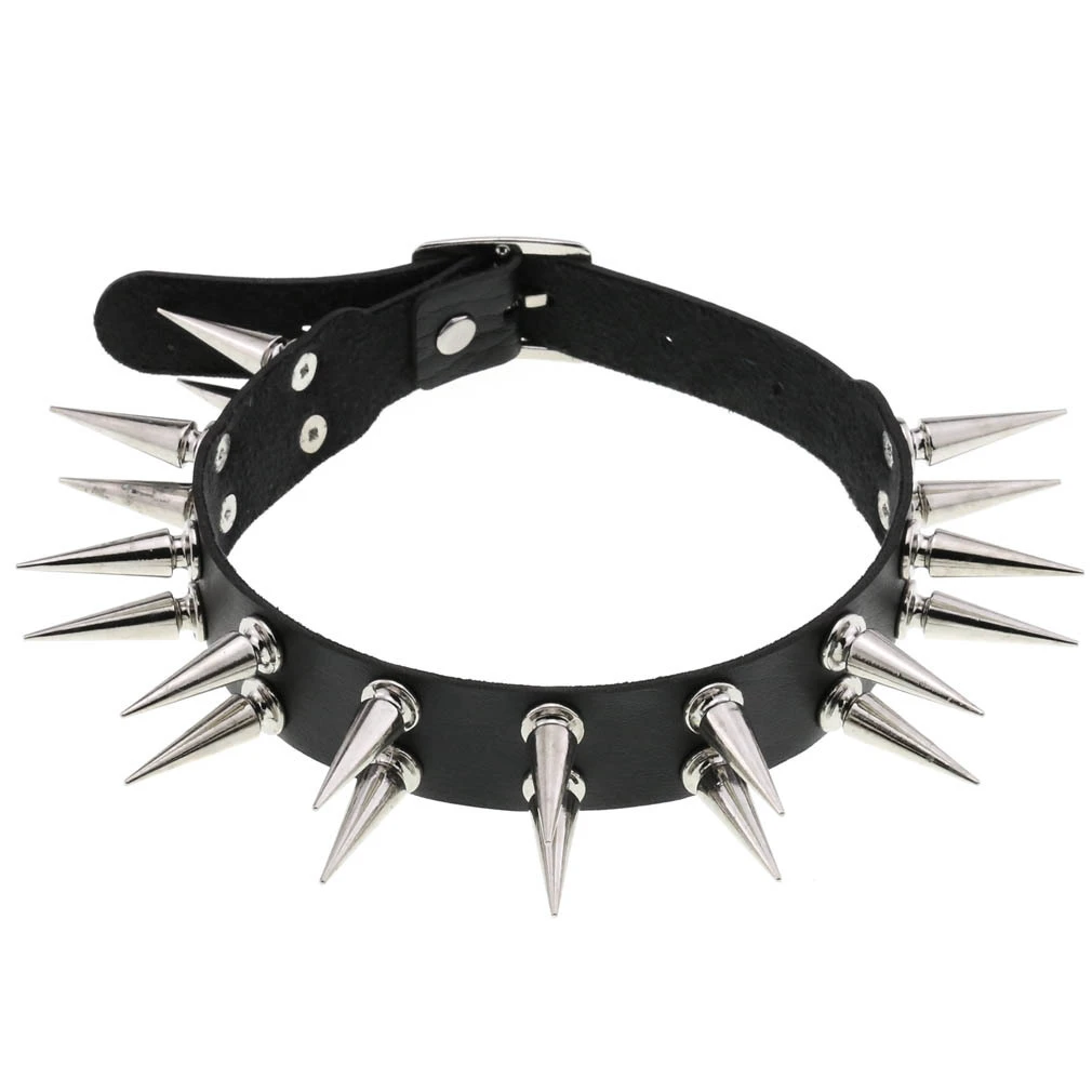 Long Spiked Choker Collar For Girl Leather Goth Necklace Black Punk ...