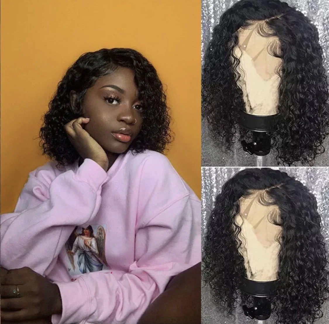 Parrucca anteriore in pizzo sintetico riccio Afro crespo Bob parrucche ...