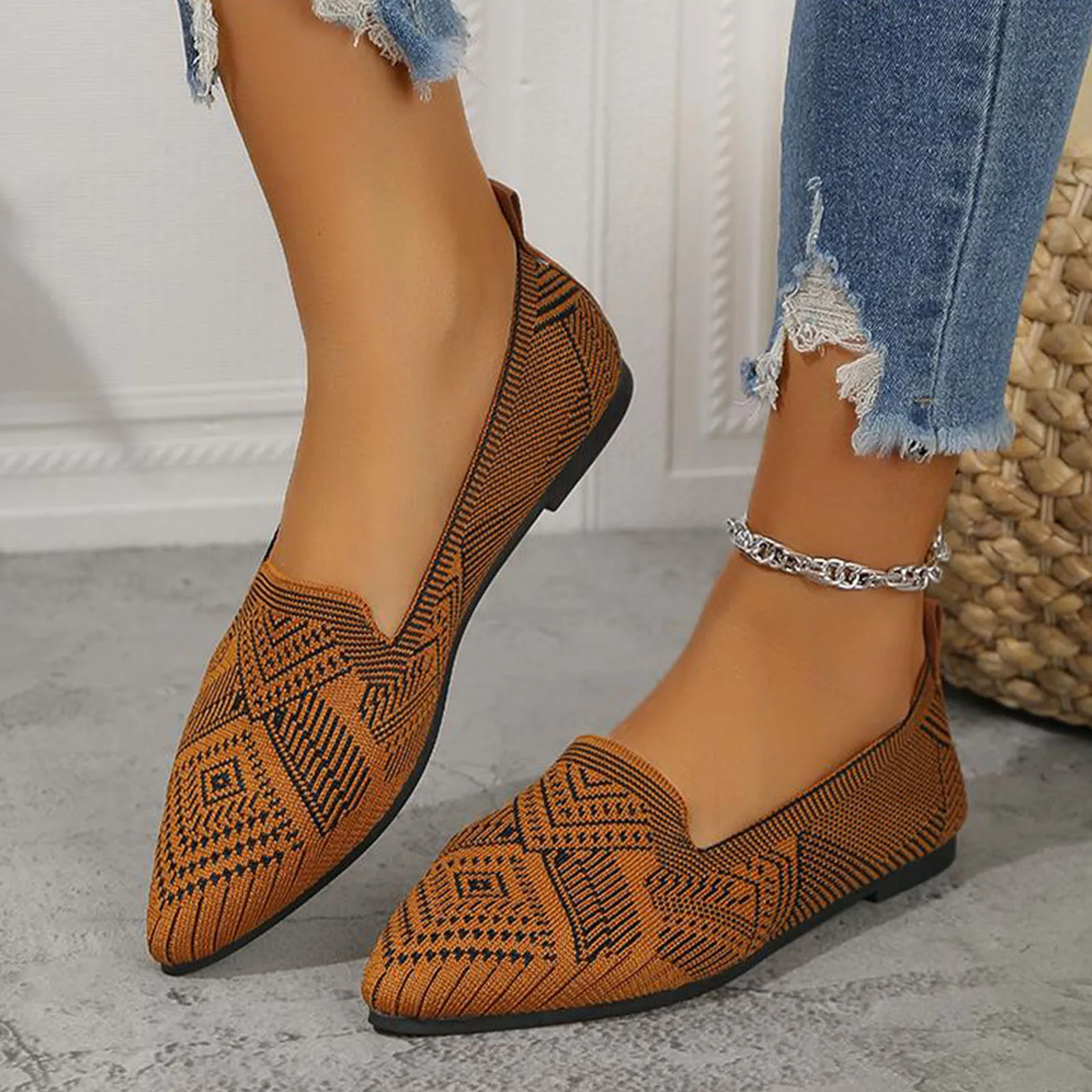 Ladies-Pointed-Toe-Footwear-Boho-Print-Shallow-Mouth-Flat-Bottom-Slip ...