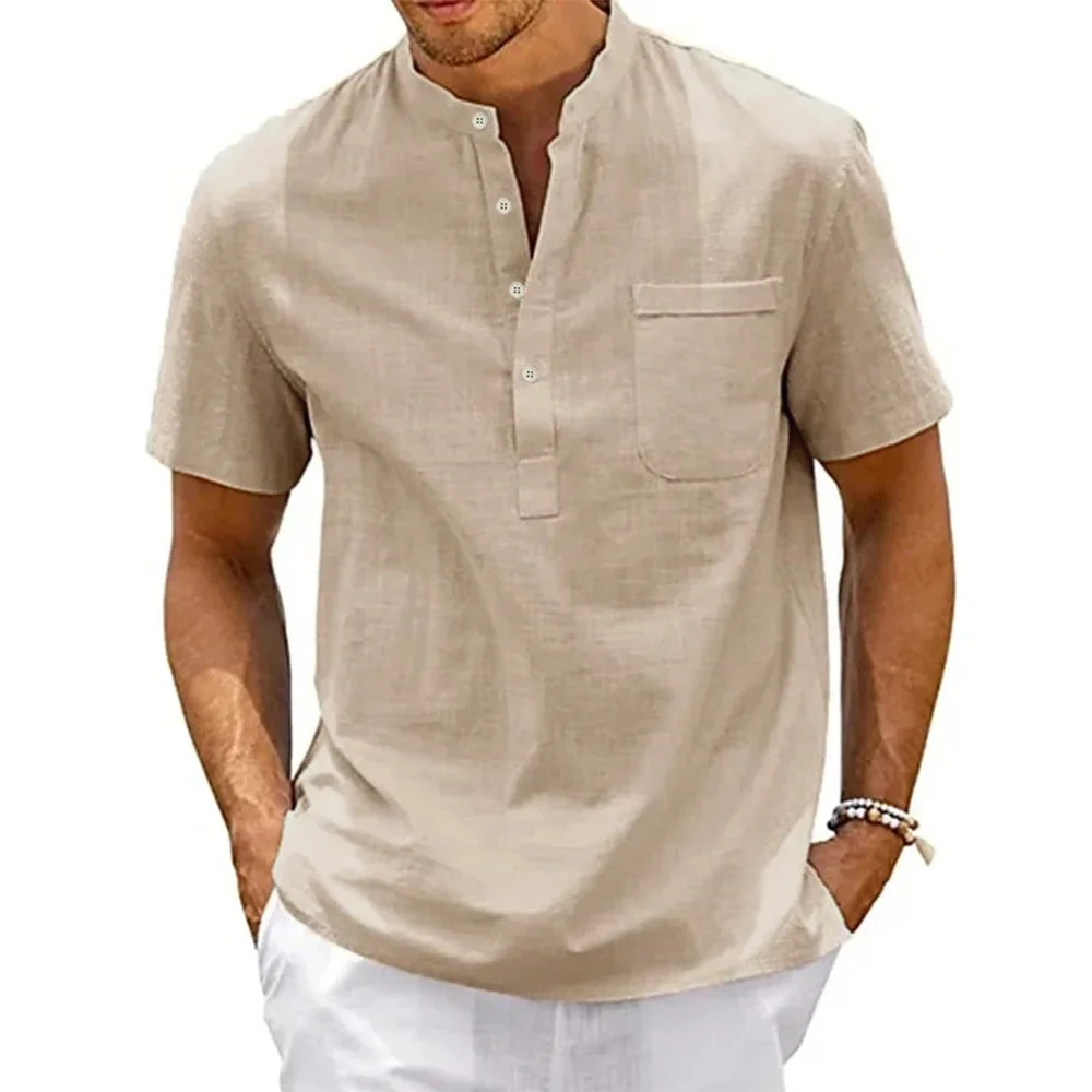 Chemise-en-Coton-et-Lin-pour-Homme-Col-Henley-Poche-D-contract-Plage ...