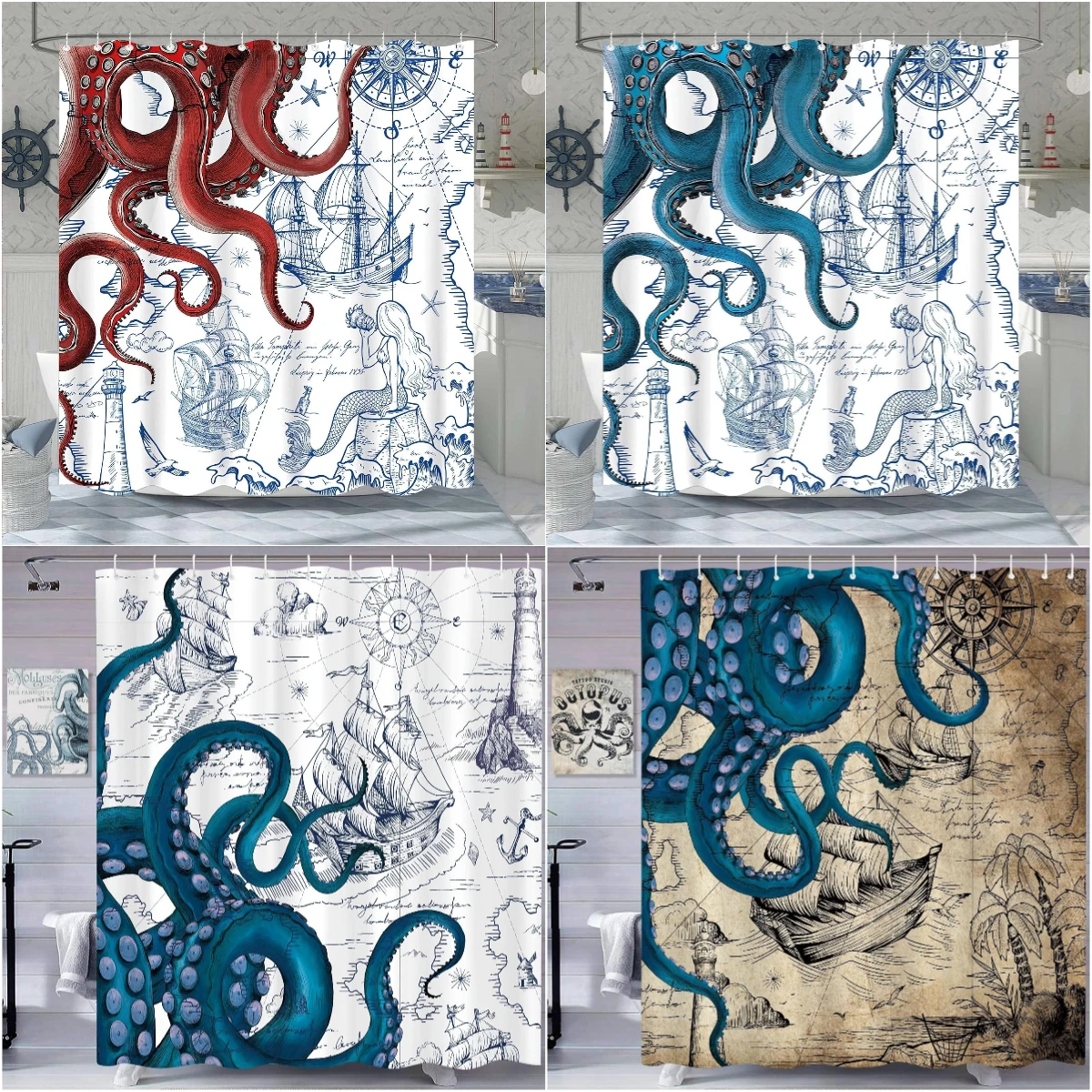 Vintage-Nautical-Octopus-Shower-Curtain-Blue-Mermaid-Funny-Ocean-Kraken ...