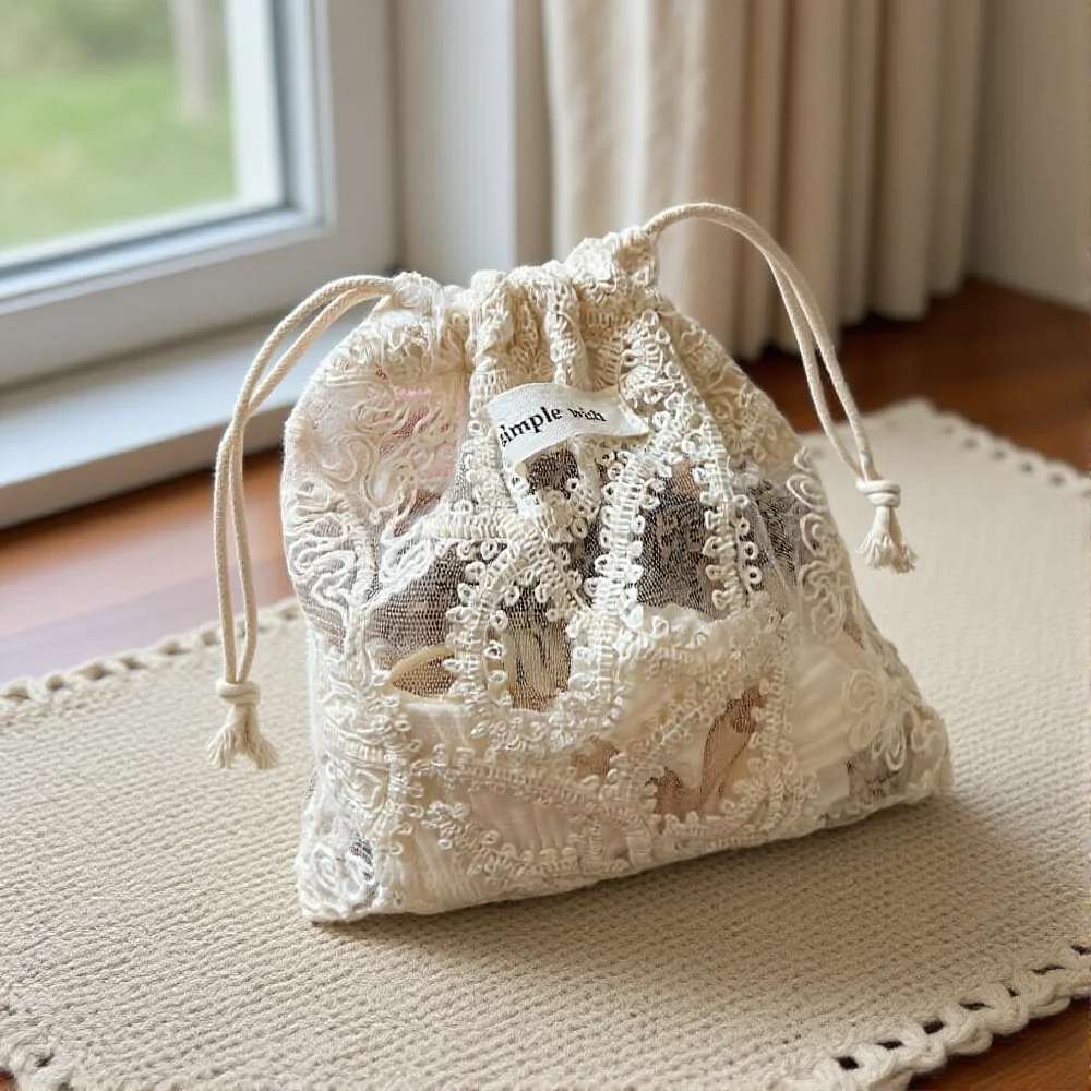 Beige Lace Embroidered Storage Bags Hollow Out Flower Drawstring Makeup ...