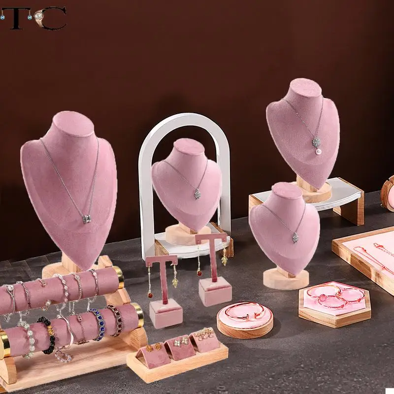 New-Solid-Wood-Pink-Velvet-Jewelry-Display-Stand-Ring-Earrings-Bracelet ...