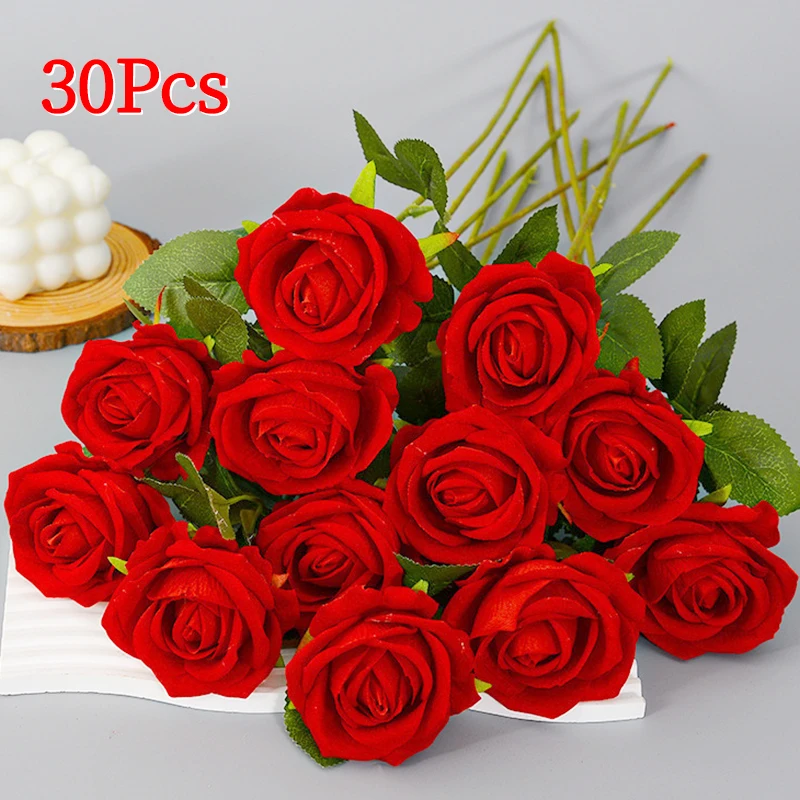 30Pcs-Artificial-Flowers-Bouquet-Red-Velvet-Fake-Rose-Flower-for ...