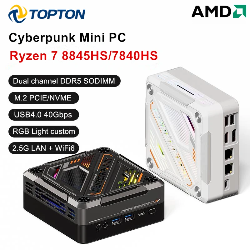 TOPTON-Cyberpunk-Mini-PC-AMD-Ryzen-7-8845HS-7840HS-7735HS-Luz-RGB-DDR5 ...