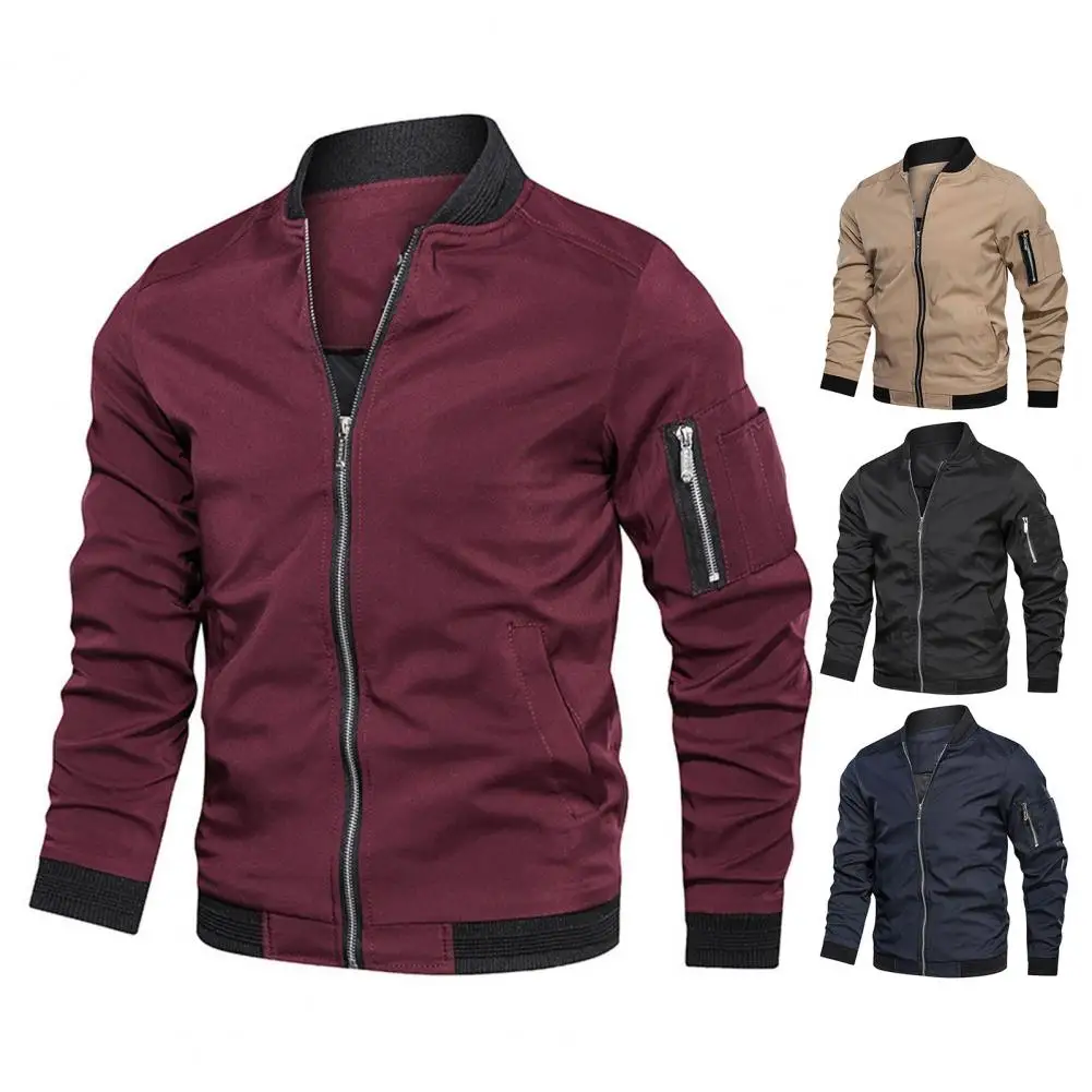 Zipper-Closure-Jacket-Men-s-Solid-Color-Stand-Collar-Jacket-with-Ribbed ...