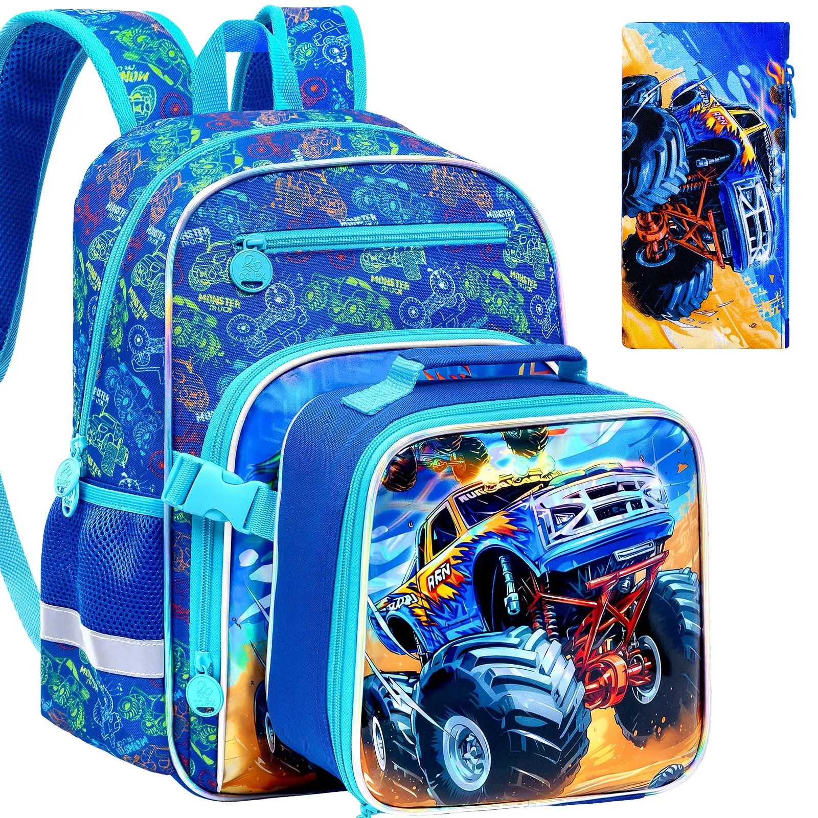 Three-piece set with flame truck pattern print, equipped with lunch bag ...