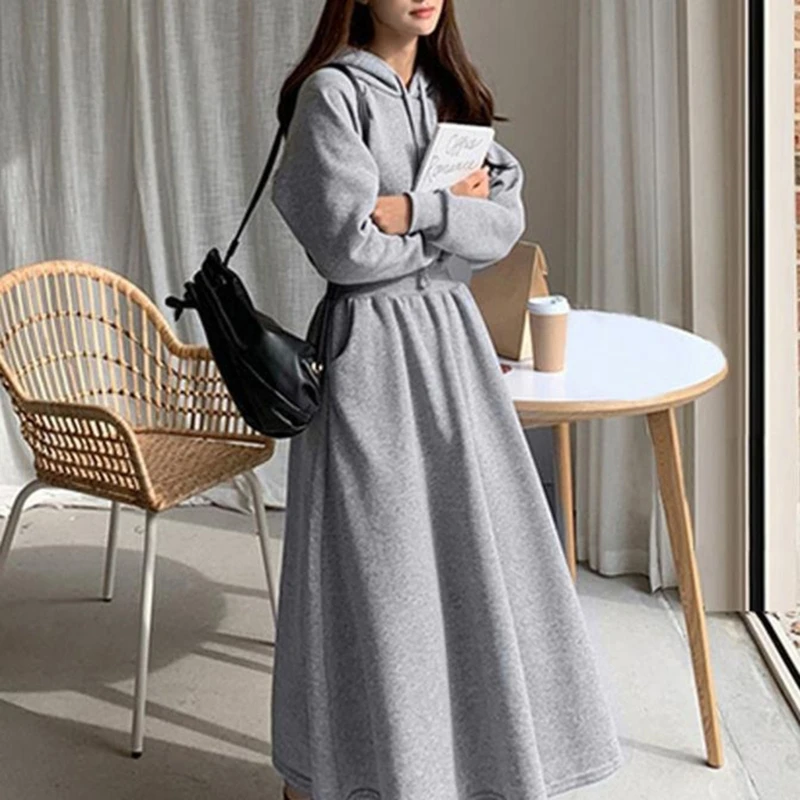Stylish Versatile Women's Solid Color Hoodie Dress for Autumn and ...