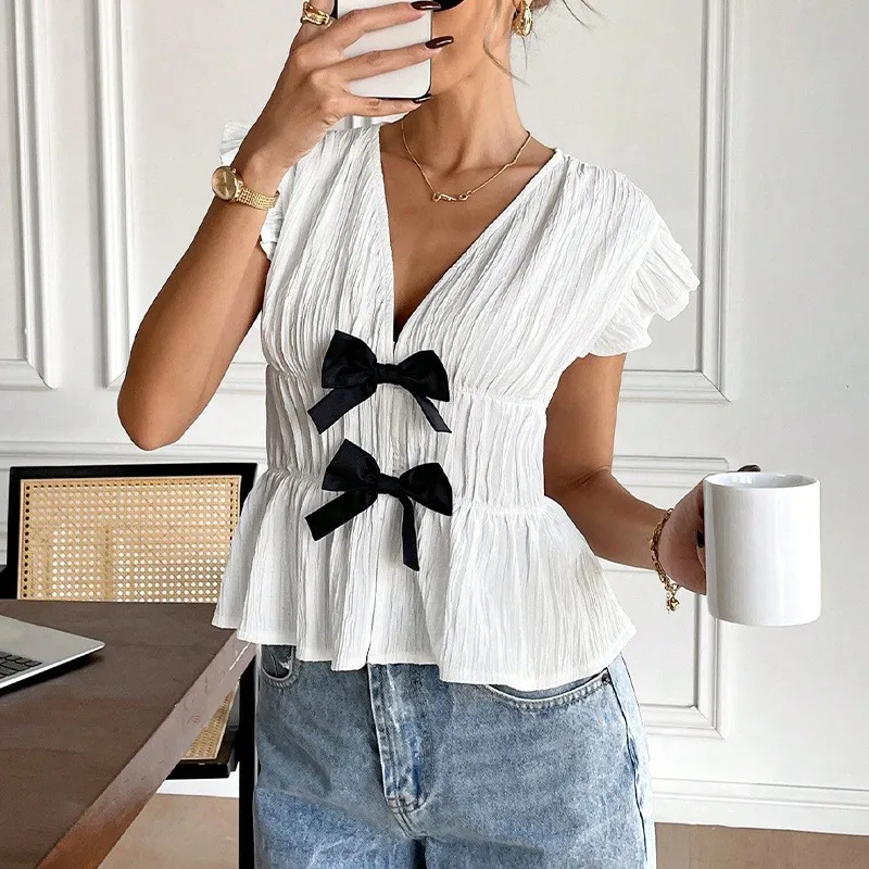 White Tops For Women Summer Thin Solid Color Deep V Neck Black Bow ...