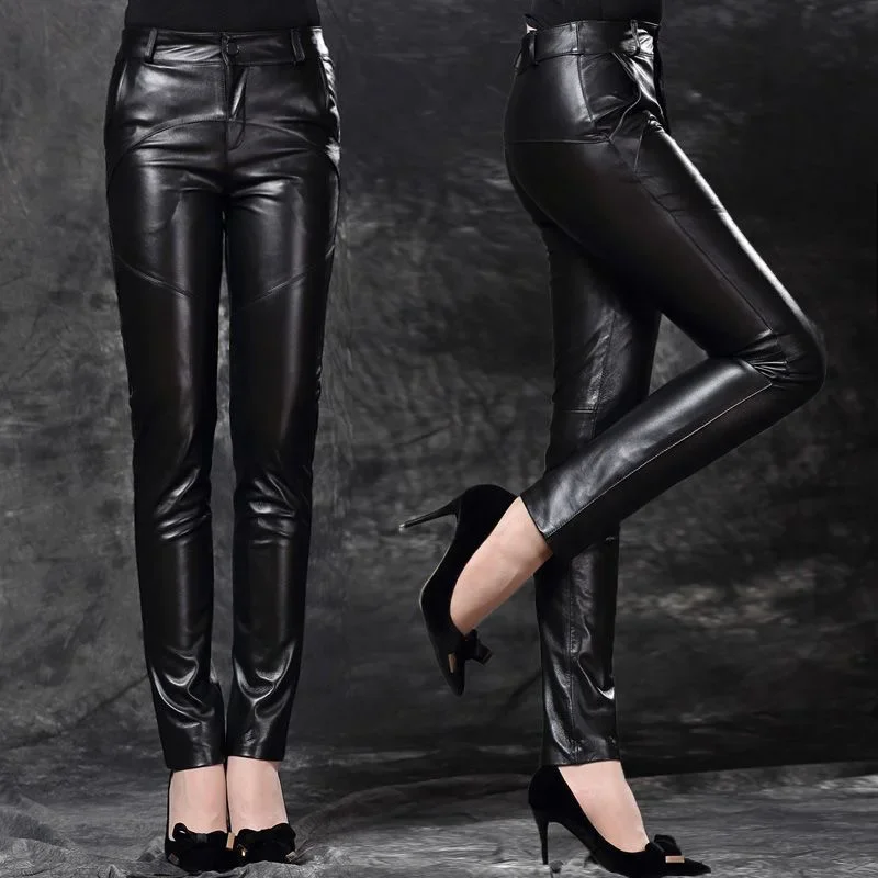 Women's Mid Waist Faux Leather Trousers Matte PU Casual Office Soft ...