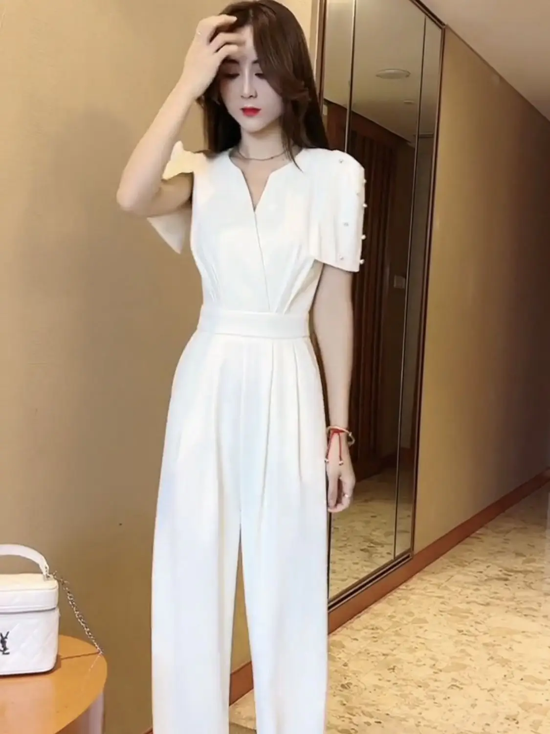 2025 Fashion Women Summer V-neck Loose Jumpsuit Female Long Solid Color ...