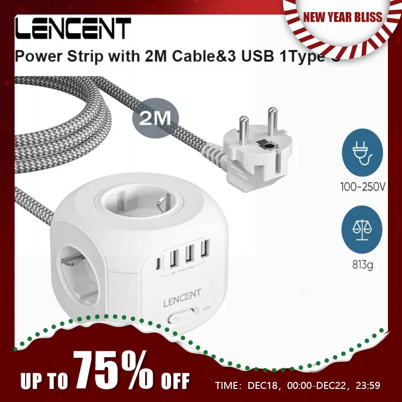 Lencent-EU Plug Power Strip, 4 saídas CA, 3 portas USB, 1 tipo C, cabo ...