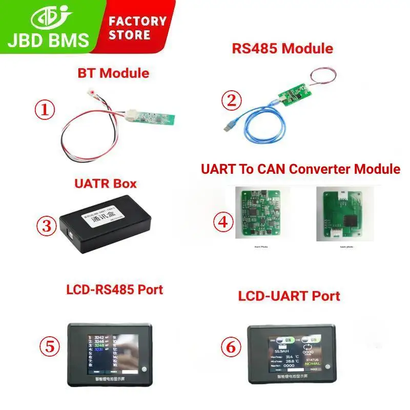 JBD 스마트 BMS 액세서리 BT 모듈, UART RS485 LCD 디스플레이, 리튬 배터리, 리튬 이온 Lifepo4, 통신 기능 포함
