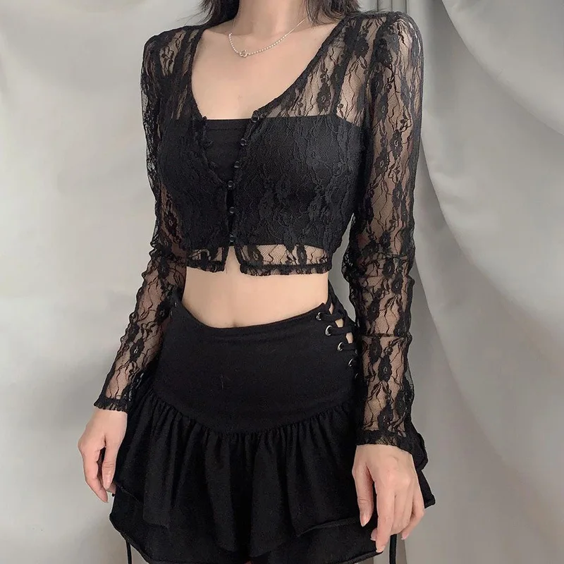 Tops cortos transparentes de encaje negro para mujer, Top Sexy de manga ...
