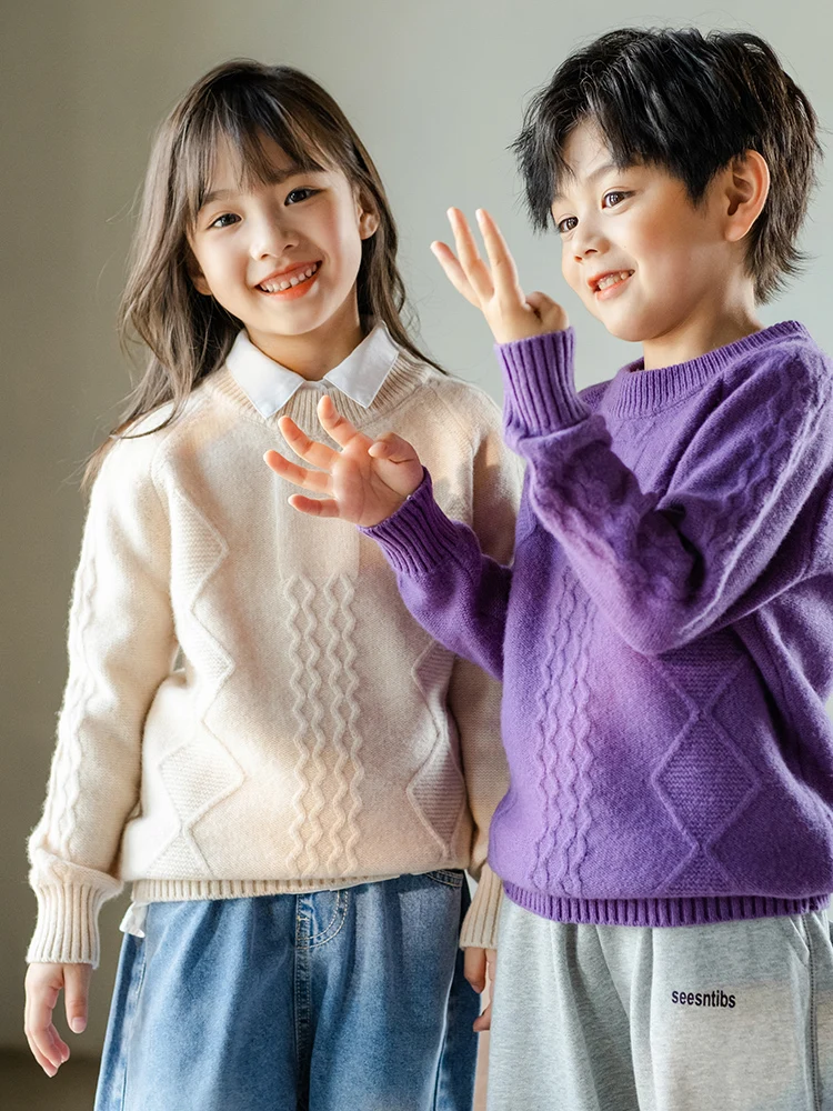 Children's Pure Wool Thick O-neck Diamond Cable Pullover Boys Girls Kid ...