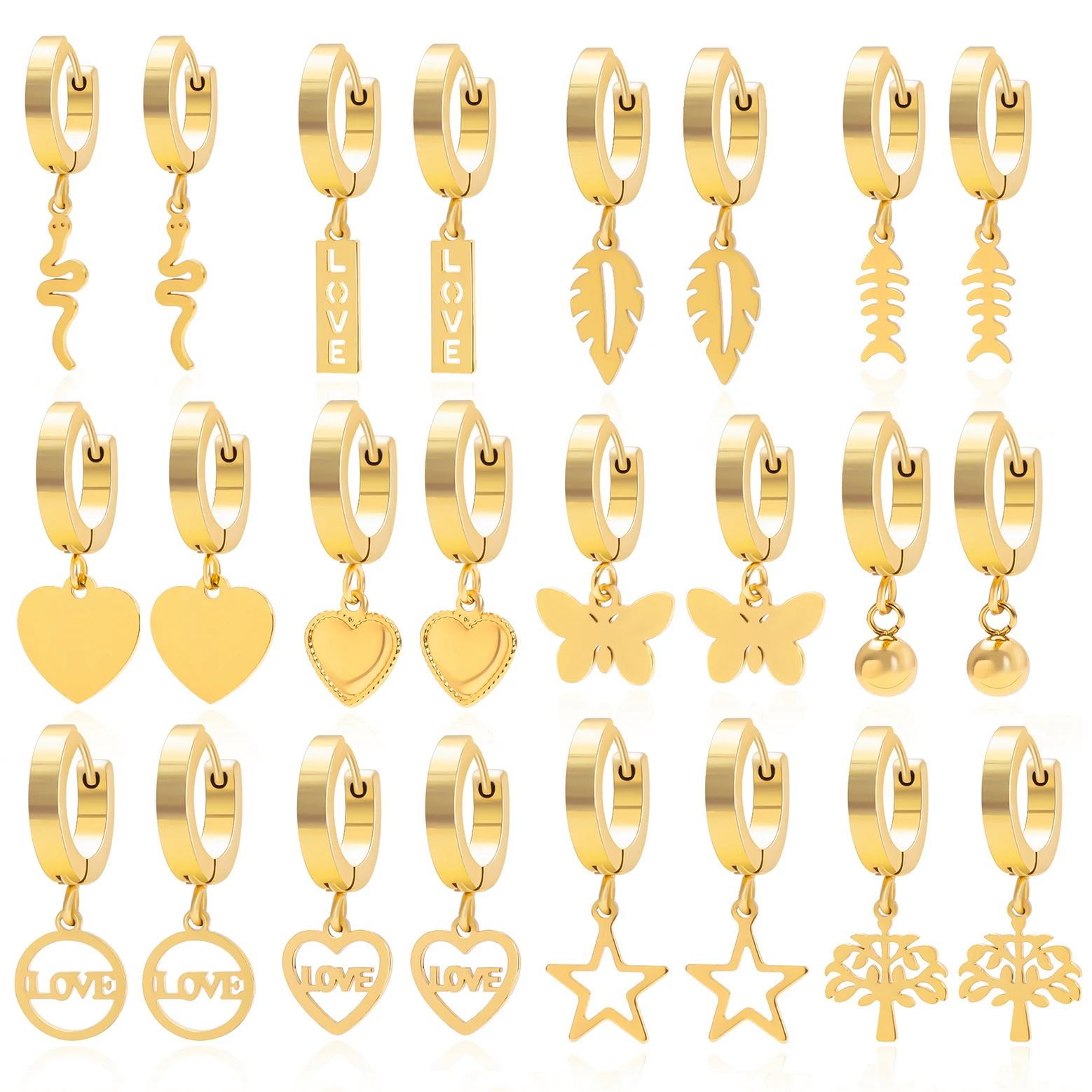 12-Paren-pak-Goudkleurige-Roestvrijstalen-Piercing-Drop-Oorbel-Set-Voor ...